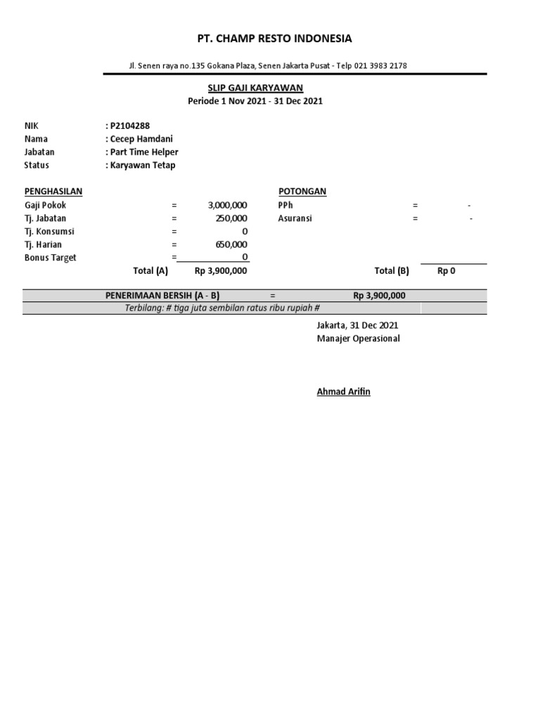 Contoh Slip Gaji Karyawan Format Ms Excel | PDF