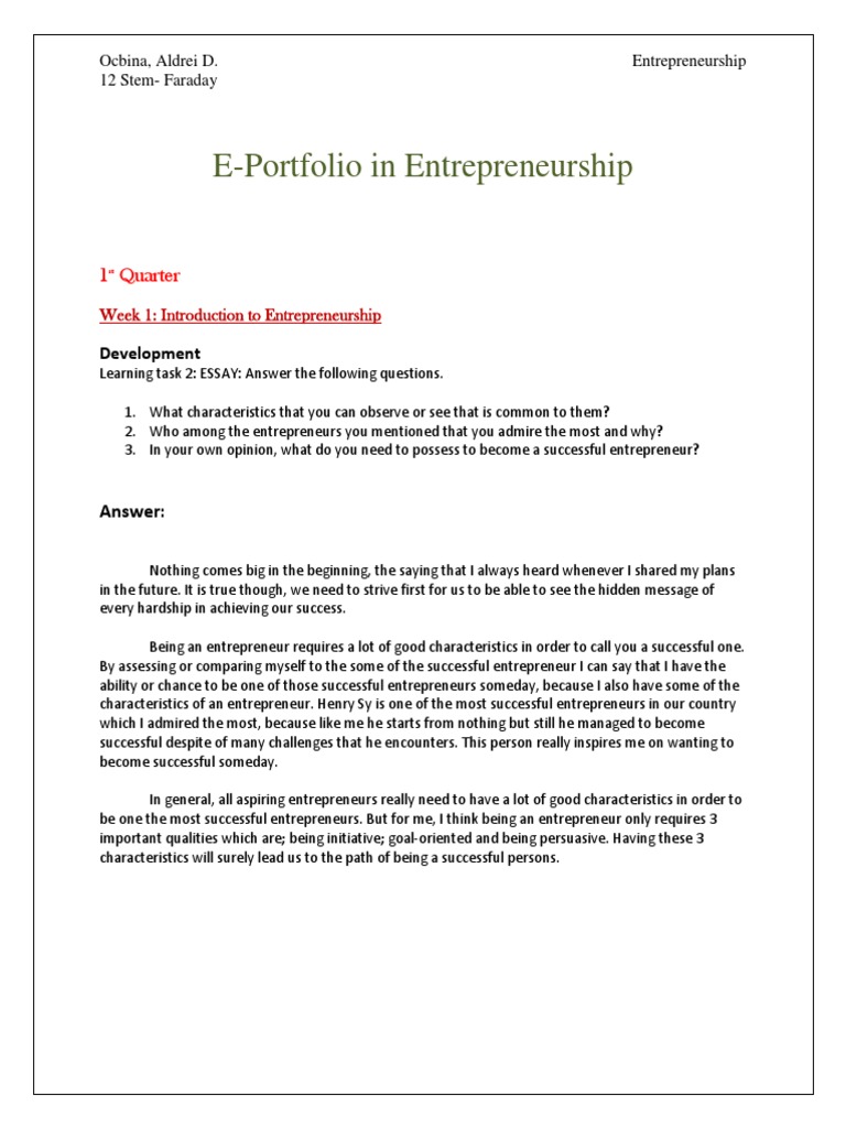 E-Portfolio in Entrepreneurship: 1 Quarter | PDF | Entrepreneurship ...