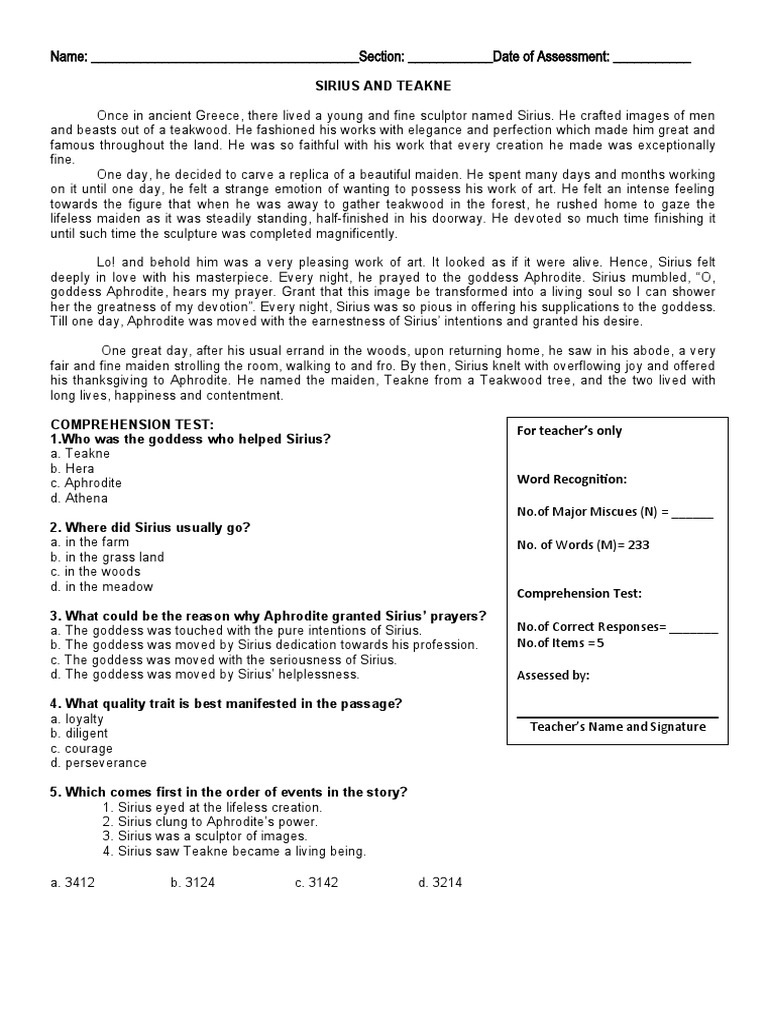 Grade 10 Reading Pre Test - Final | PDF | Aphrodite