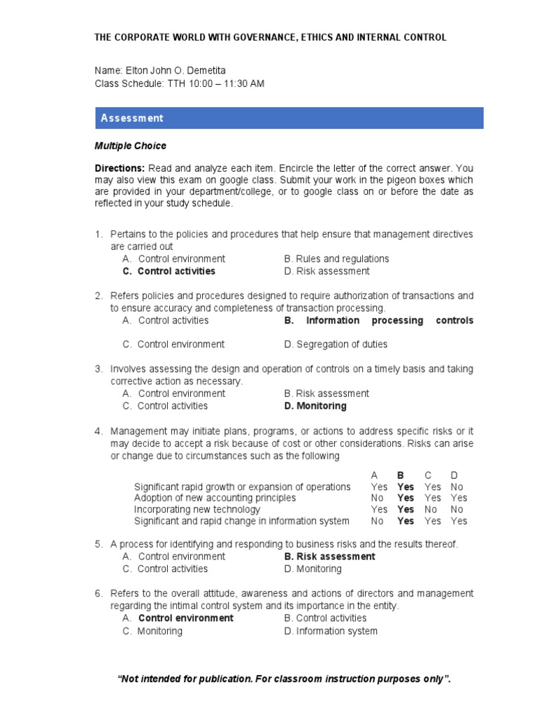 Unit IV Assessment Part I Internal Control A Tool in Managing Risk ...