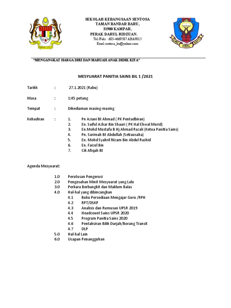 Minit Mesyuarat Panitia Sains Bil 1 (2021) | PDF