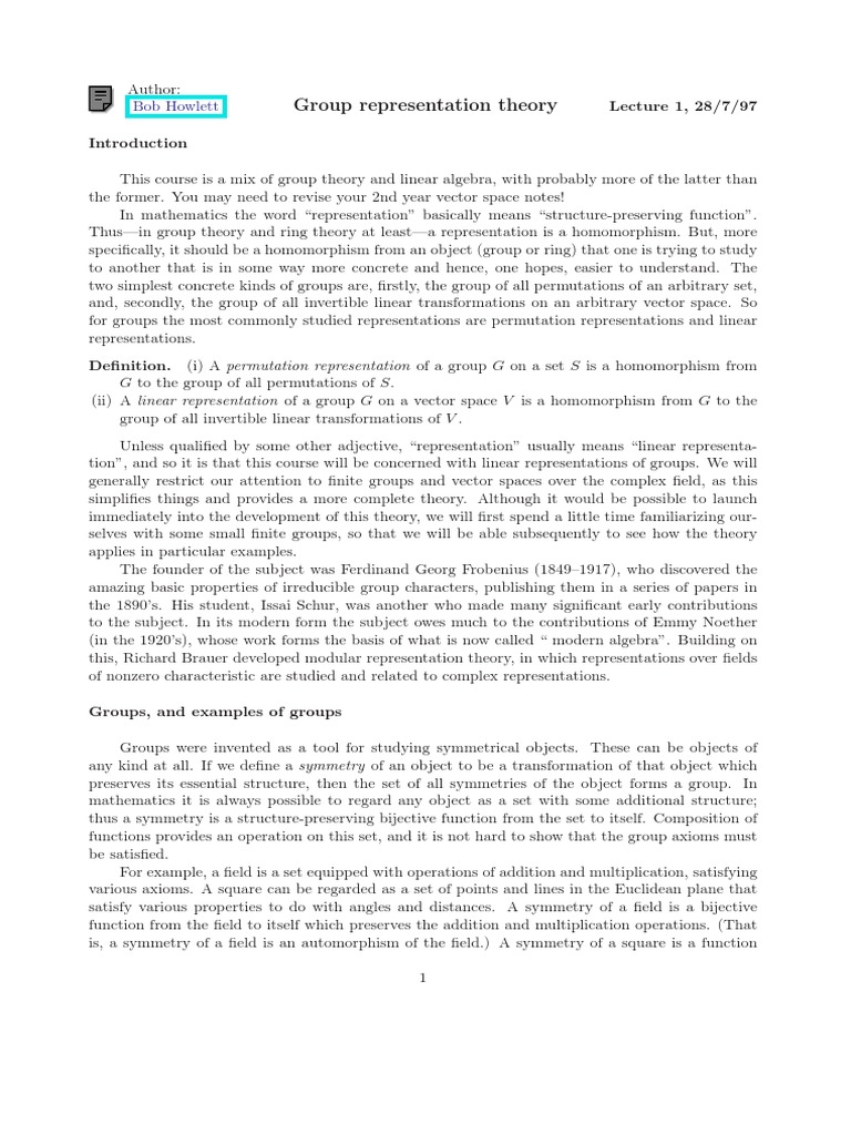 Group Rep Theory Lecture 1 | PDF | Group (Mathematics) | Group ...