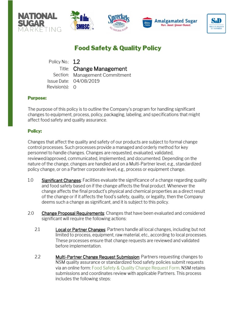 Food Safety & Quality Policy: 1.2 Change Management | PDF | Food Safety ...