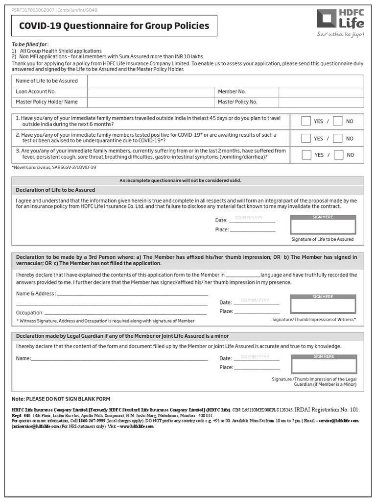 COVID-19 Questionnaire 1 Page | PDF