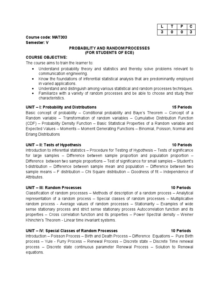 Mat303 - Probabilty and Random Processes | PDF | Stochastic Process ...