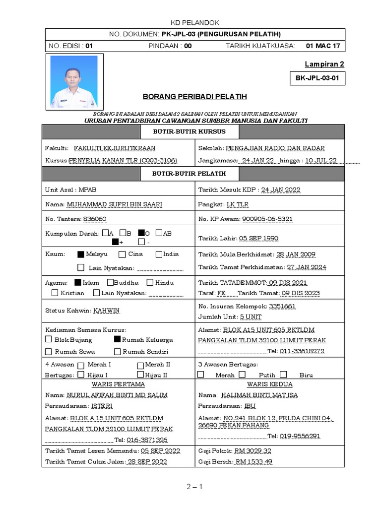 Borang Peribadi Pelatih | PDF