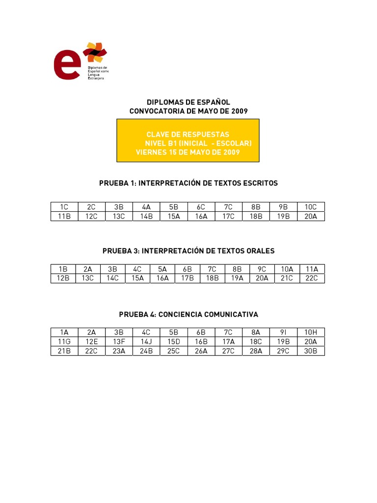 Modelo Examen Nivel B1escolar 15mayo Clave Respuestas | PDF