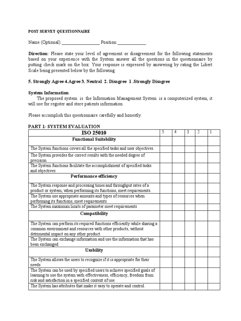 Post Survey Questionnaire | PDF | Reliability Engineering | System