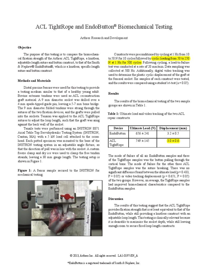 ACL TightRope and EndoButton Biomechanical Testing 2013 | PDF | Science ...