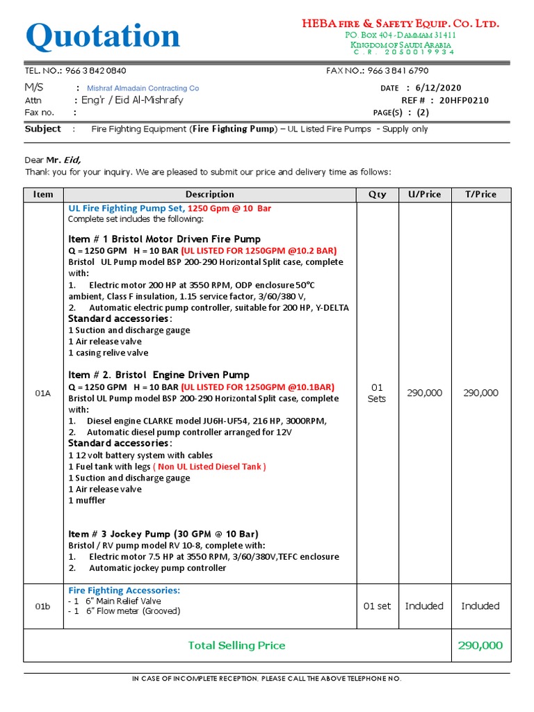 HEBA Quotation 1250 - 20HFP0210 | PDF | Pump | Manufactured Goods