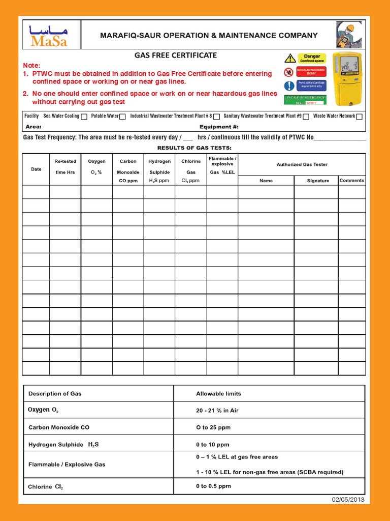 Gas Test Frequency: The Area Must Be Re-Tested Every Day / - Hrs ...