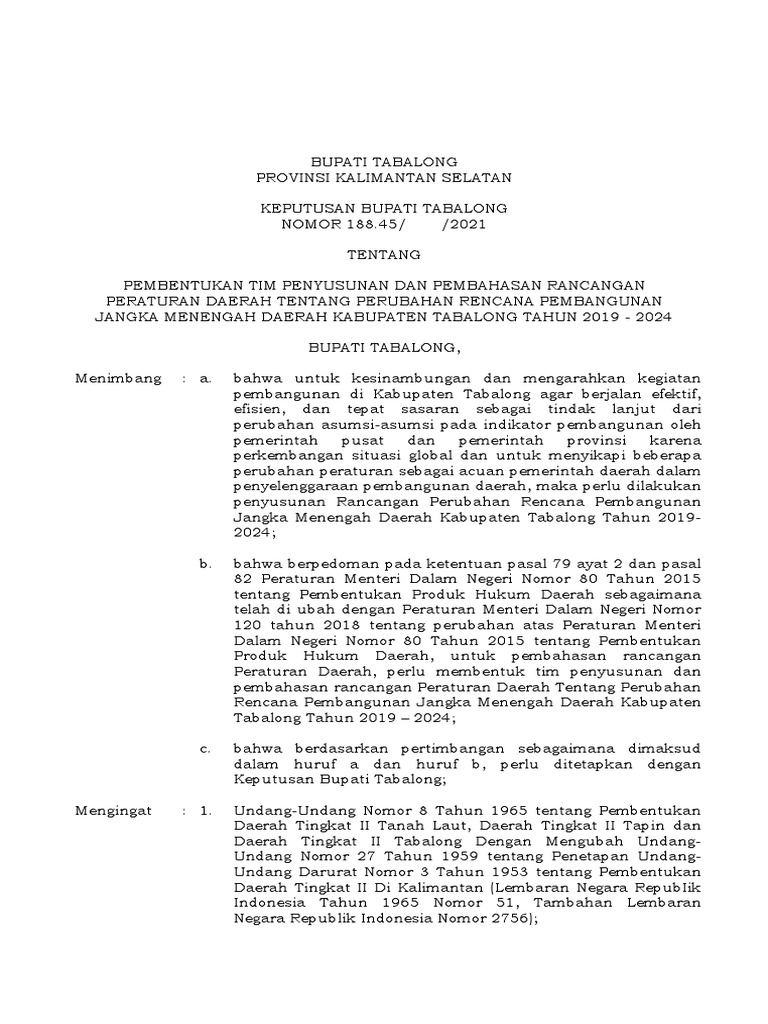 Draft SK Tim Penyusun Dan Pembahasan Raperda PRPJMD | PDF