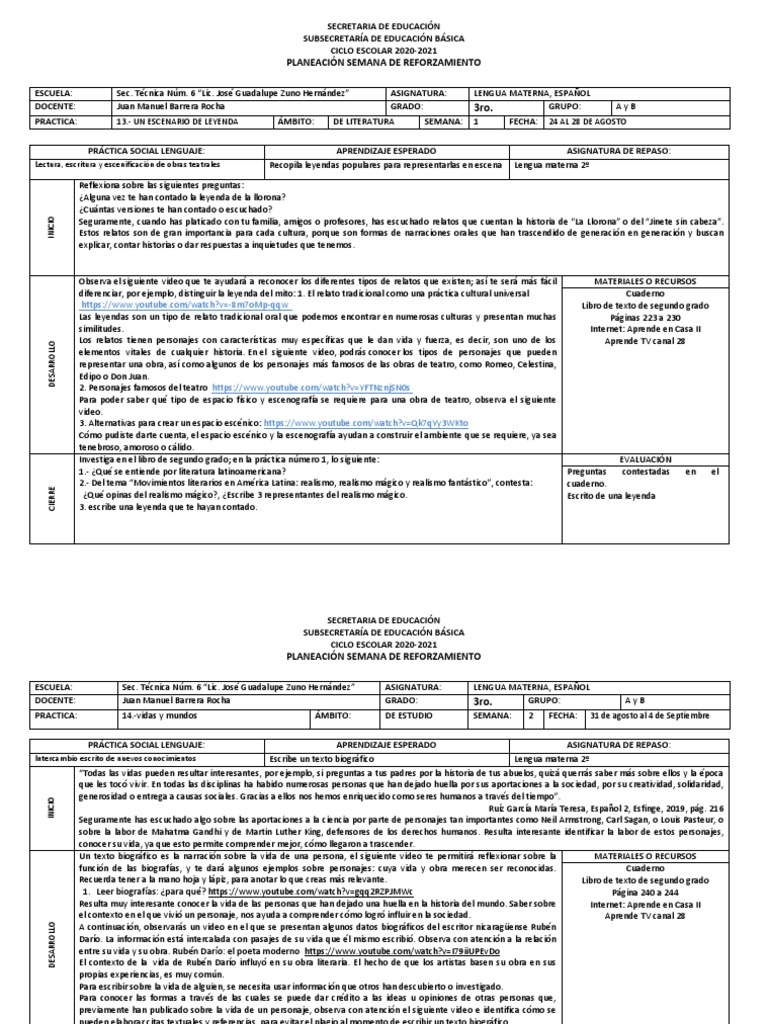 Planeación de Lengua Materna, Español Tercer Grado Ciclo 2020-2021 Juan ...