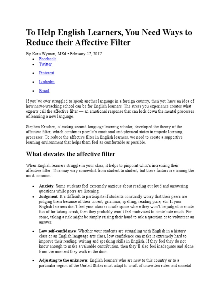 To Help English Learners, You Need Ways To Reduce Their Affective ...
