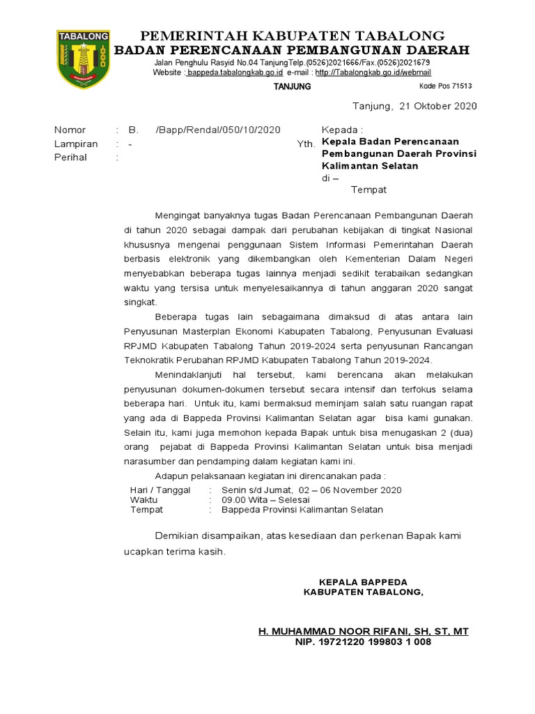 Surat Pendampingan Penyusunan Dokumen (Bappeda Kalsel) Kop Bappeda | PDF