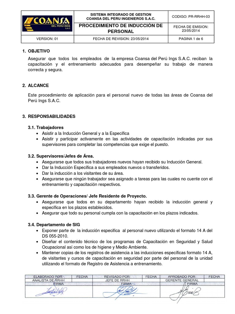 PR-RRHH-03 Procedimiento de Induccion de Personal | PDF | Seguridad y ...