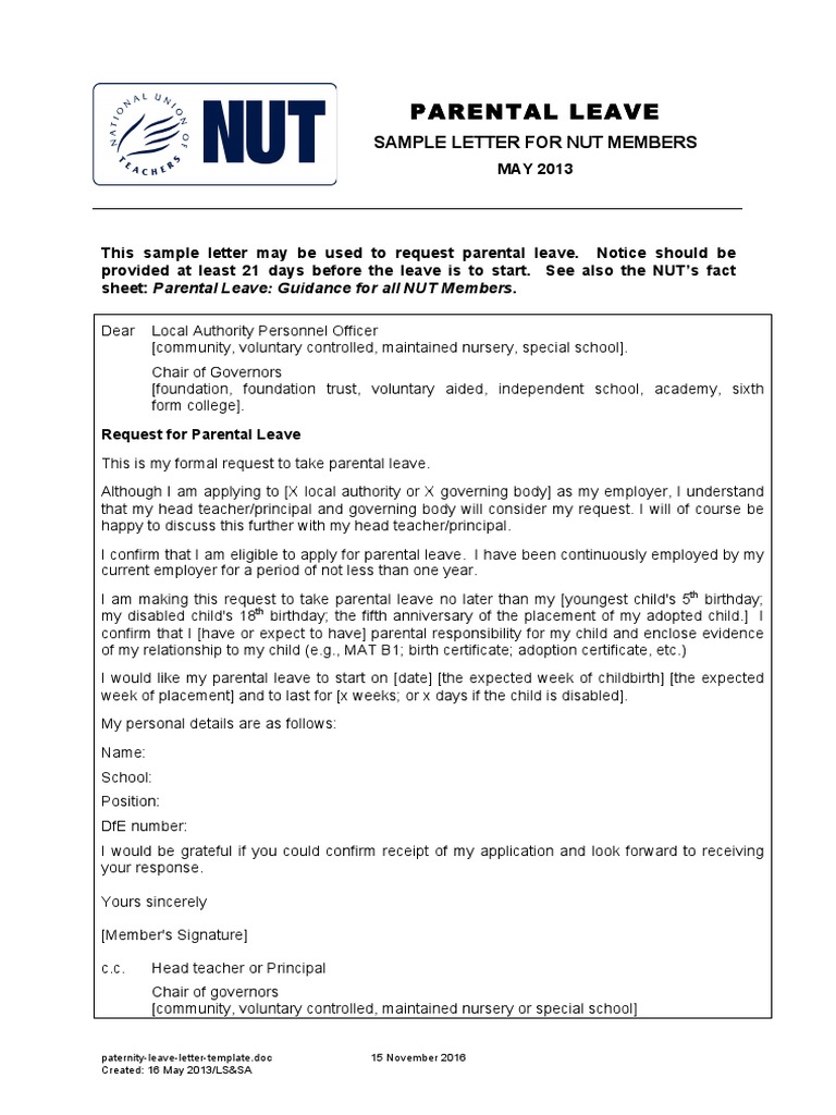 Parental Leave: Sample Letter For Nut Members | PDF