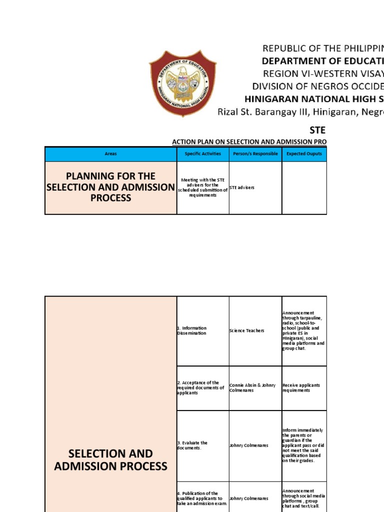 STE Report: Action Plan On Selection and Admission Process of Incoming ...