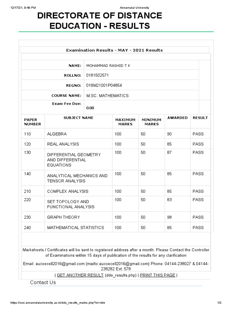 Directorate of Distance Education - Results: Examination Results - MAY ...