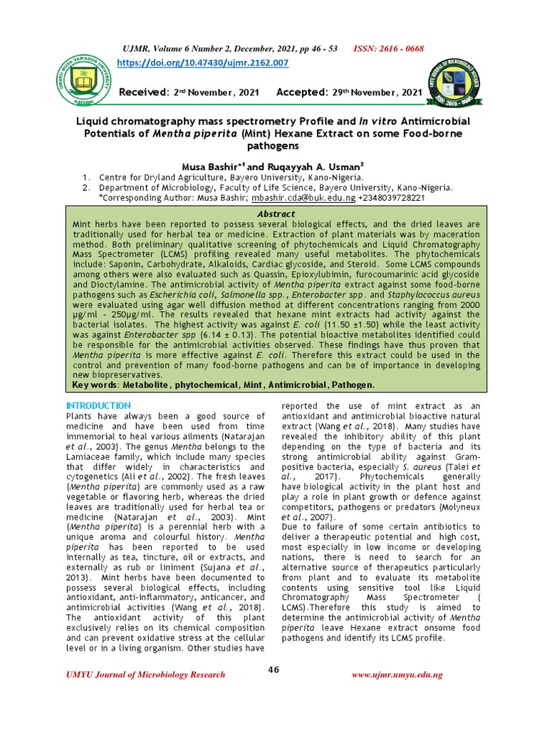 Received: Accepted:: Musa Bashir and Ruqayyah A. Usman | PDF | Chemistry | Microbiology
