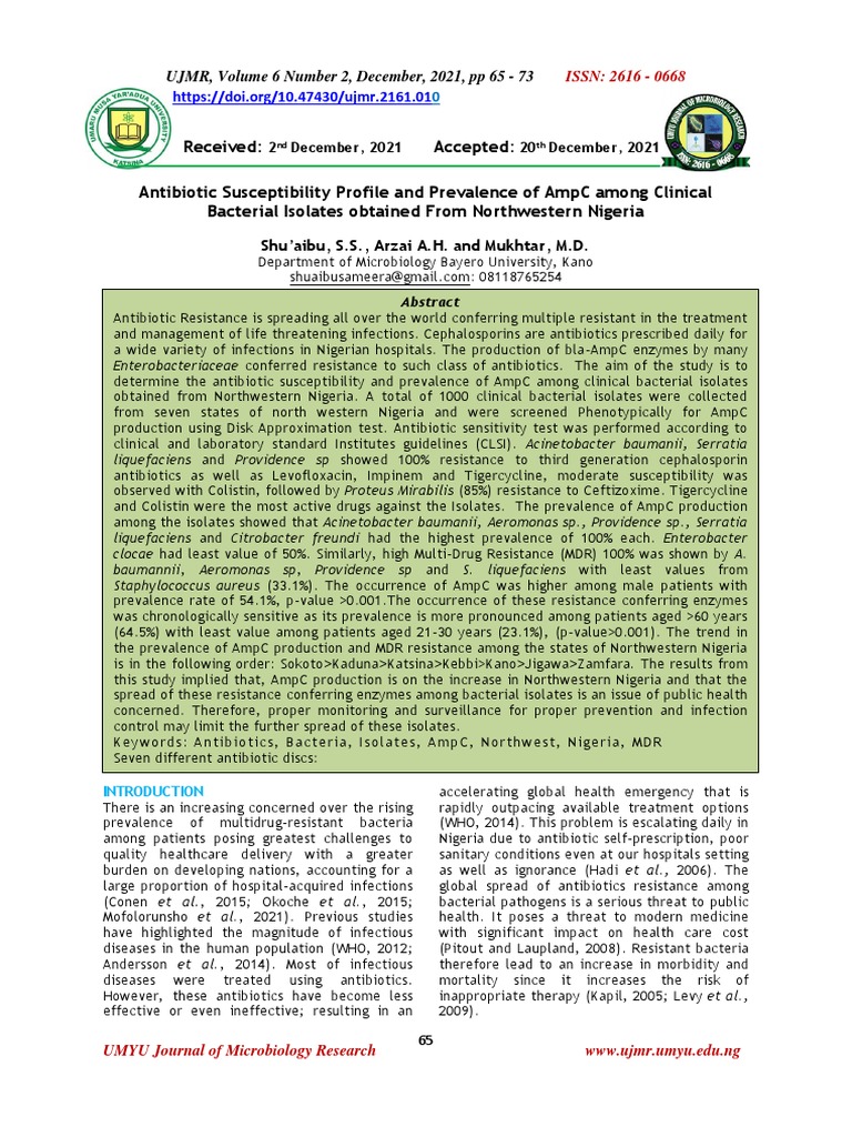 Antibiotic Susceptibility Profile and Prevalence of AmpC Among Clinical ...