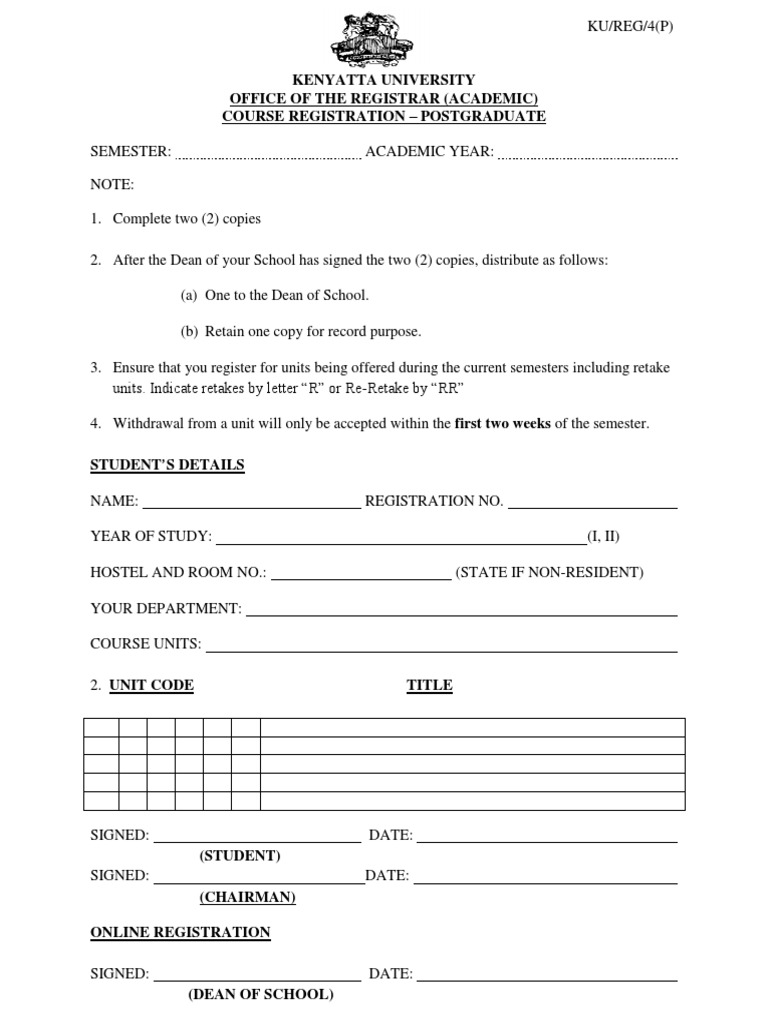 KU Postgraduate Course Registration Form | PDF