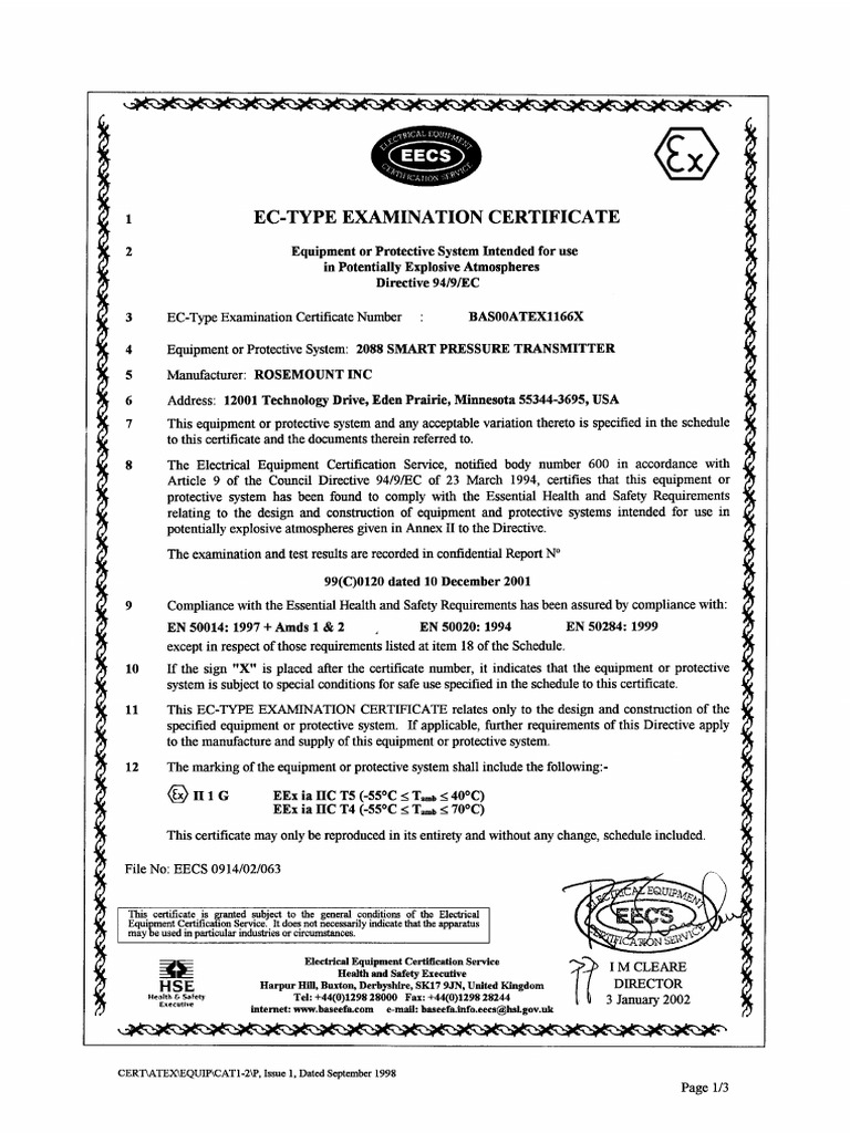 Bas 00 Atex 1166 X | PDF