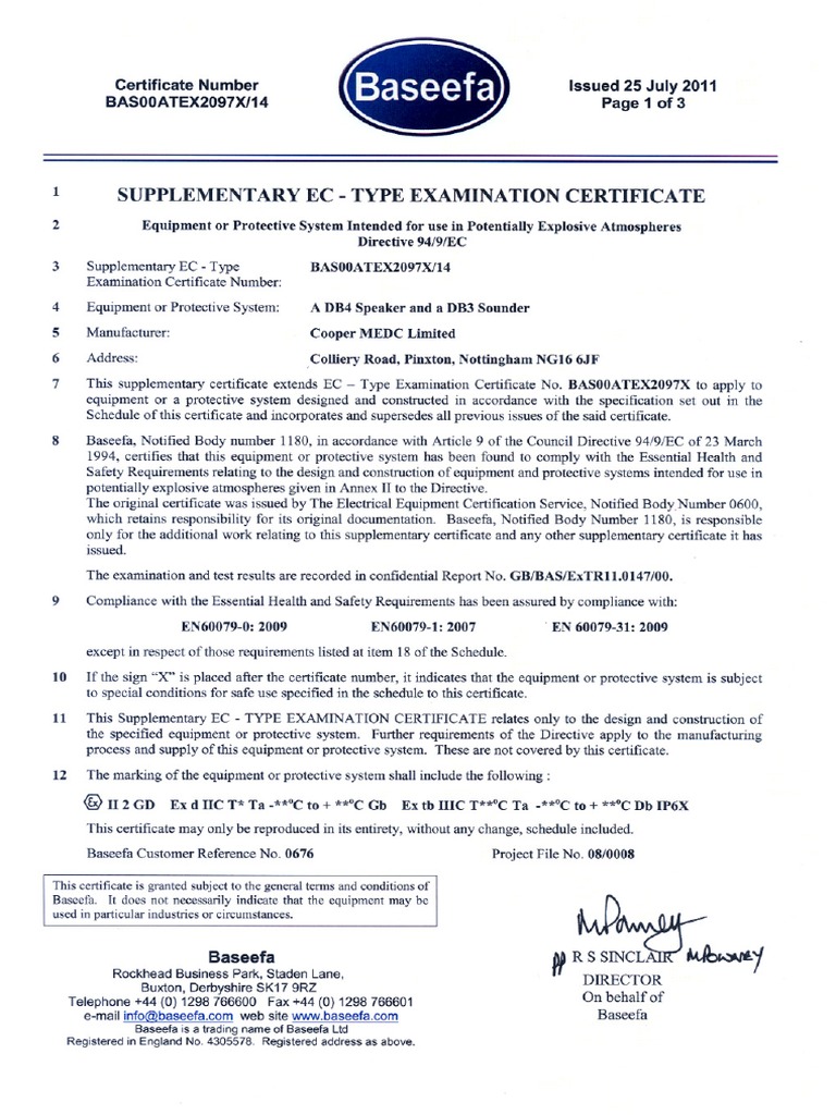 BAS 00 ATEX 2097 X Iss14 | PDF