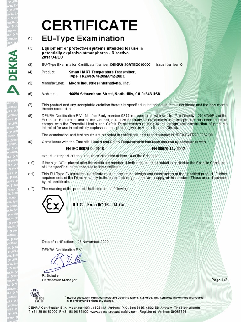Dekra 20 Atex 0100 X | PDF | Manufactured Goods | Electronics