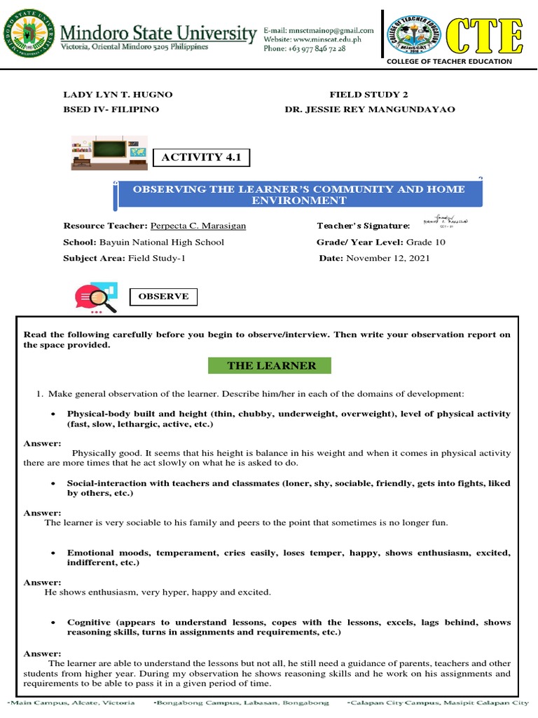 College Student Home and Community Observation | PDF | Learning ...