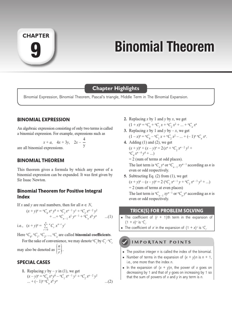 Binomial Theorem: Chapter Highlights | PDF | Numbers | Mathematical Concepts