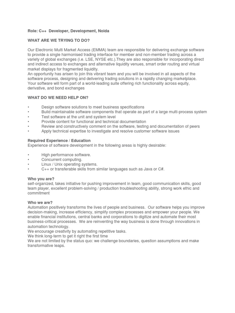 C++ Job Description | PDF