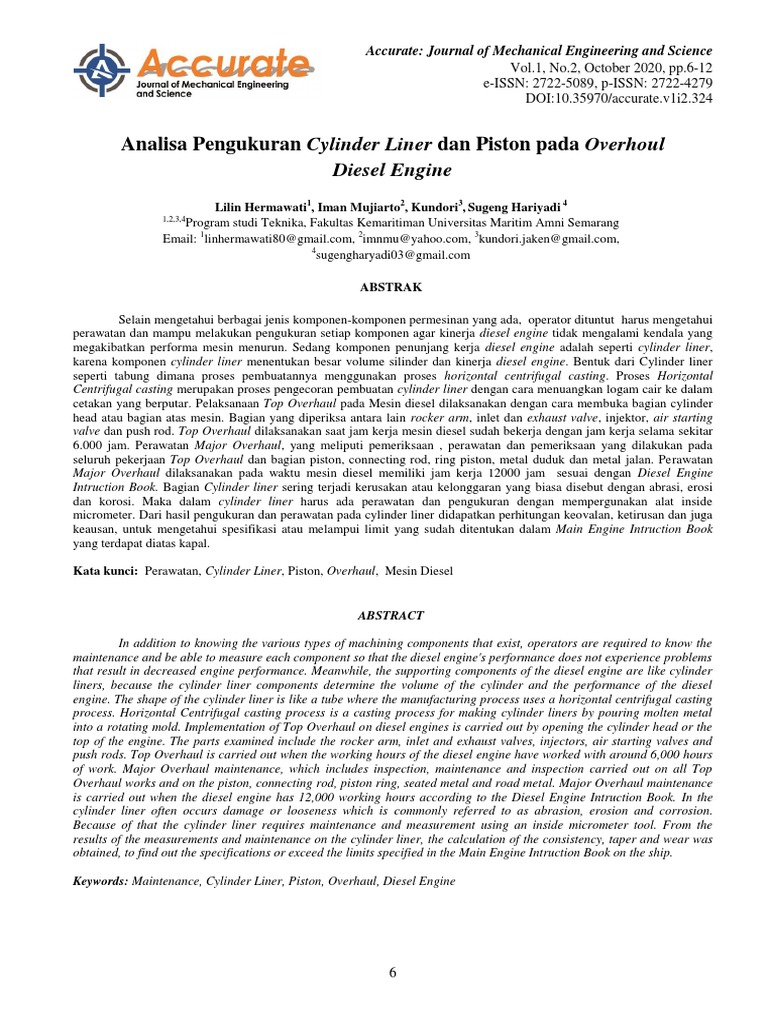 Analisa Pengukuran Cylinder Liner Dan Piston Pada | PDF