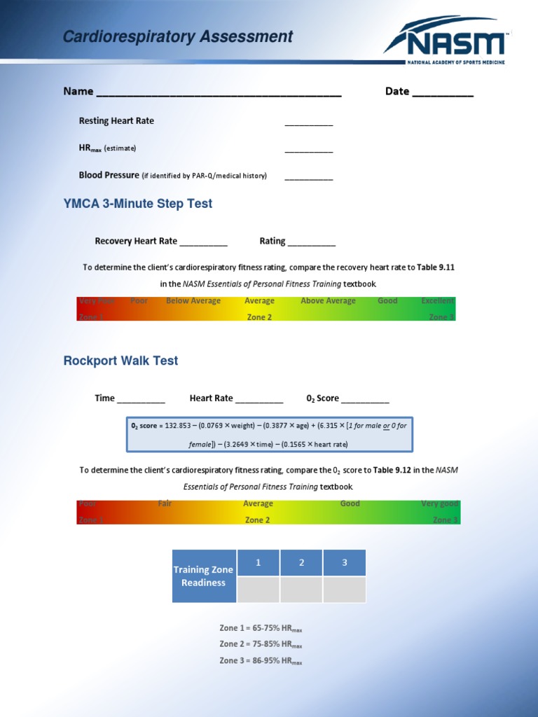 Nasm CPT Cardio Assessment Templates (Obj Asse) | PDF