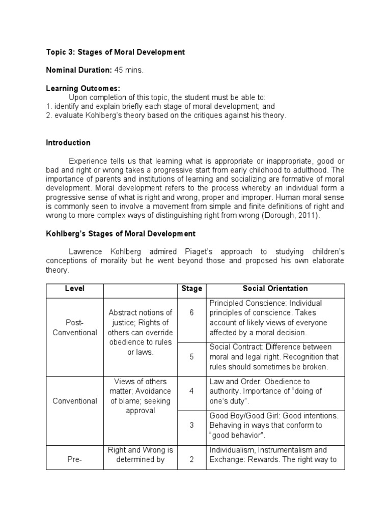 Topic 3: Stages of Moral Development Nominal Duration: 45 Mins ...