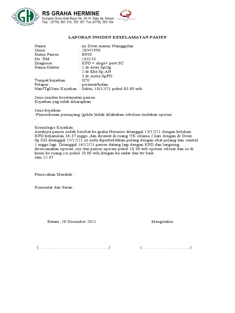 Contoh Laporan Insiden Keselamatan Pasien Di Rumah Sakit 1 | PDF