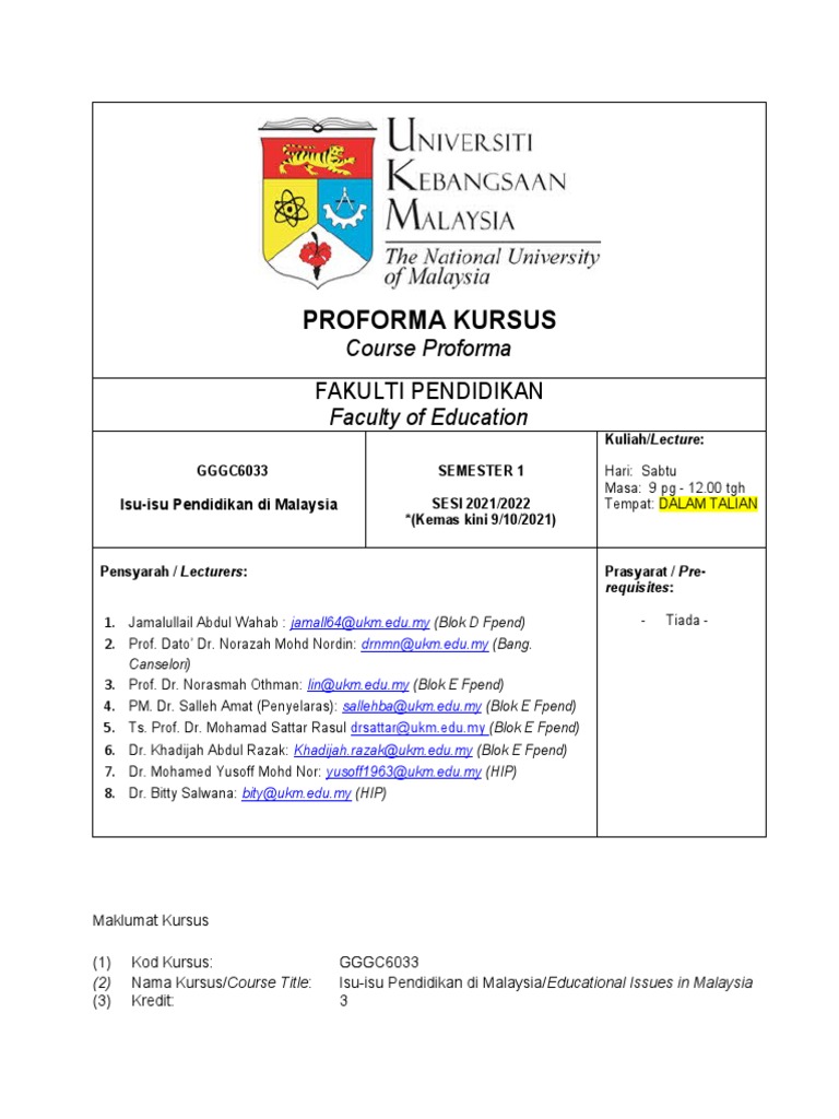 Proforma Kursus: Course Proforma Faculty of Education | PDF