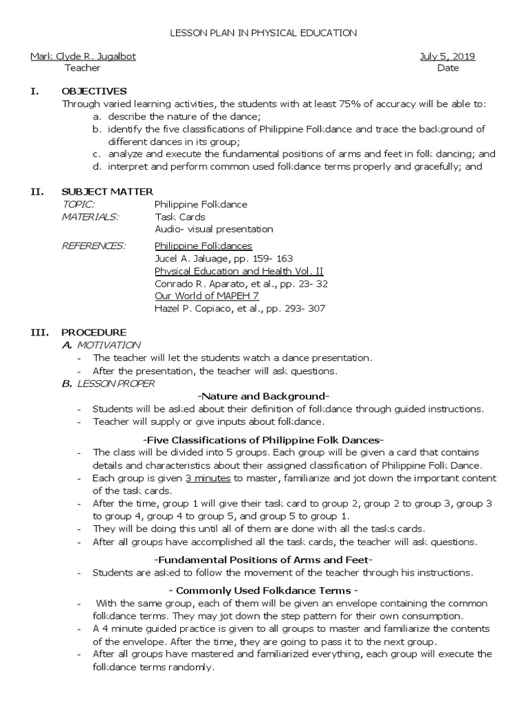 Lesson Plan in Physical Education | PDF | Lesson Plan | Rubric (Academic)