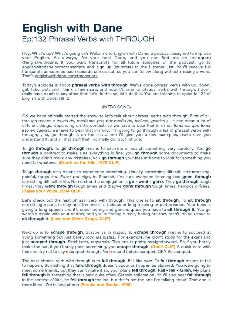 English With Dane 132 Phrasal Verbs With THROUGH TRANSCRIPTS | PDF