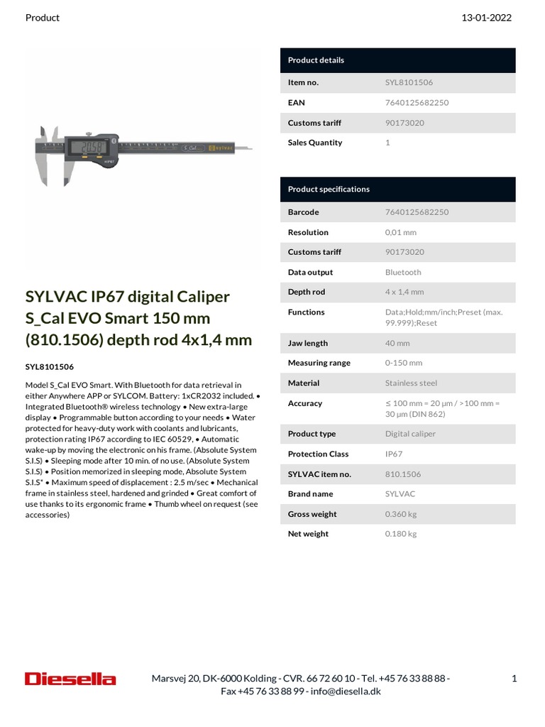 SYLVAC IP67 Digital Caliper S - Cal EVO Smart 150 MM (810.1506) Depth Rod 4x1,4 MM | PDF | Computing