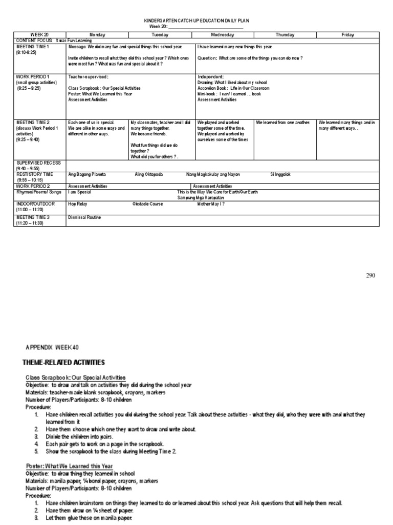 Kindergarten Lesson Plan Week 20 | PDF | Childhood