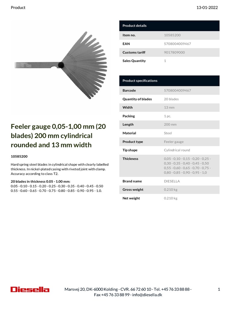 Feeler Gauge 0,05-1,00 MM (20 Blades) 200 MM Cylindrical Rounded and 13 MM Width | PDF ...
