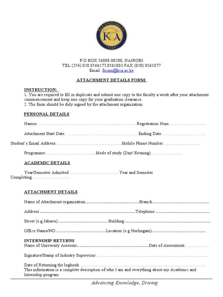 KCA University Attachment Details Form | PDF