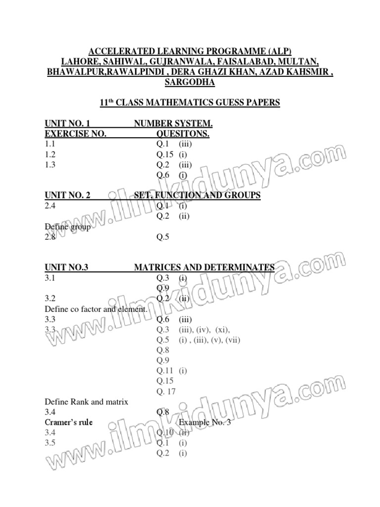 11TH Class Math Guess Paper | PDF | Trigonometric Functions | Trigonometry