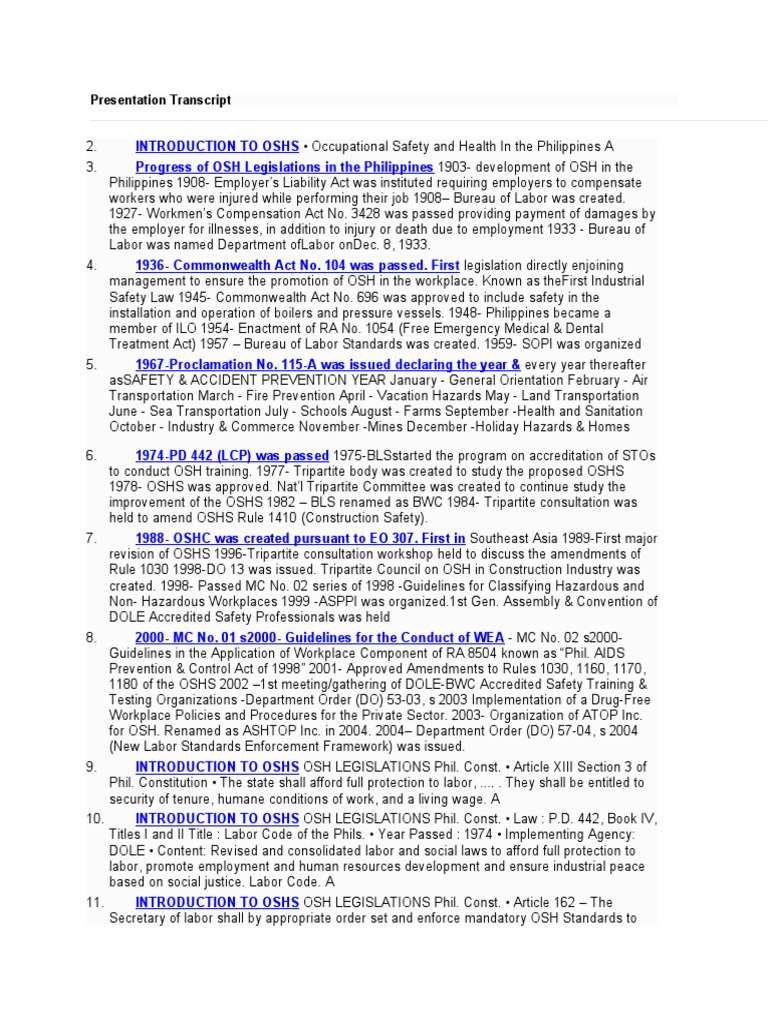 Presentation Transcript OSHS | PDF | Occupational Safety And Health ...