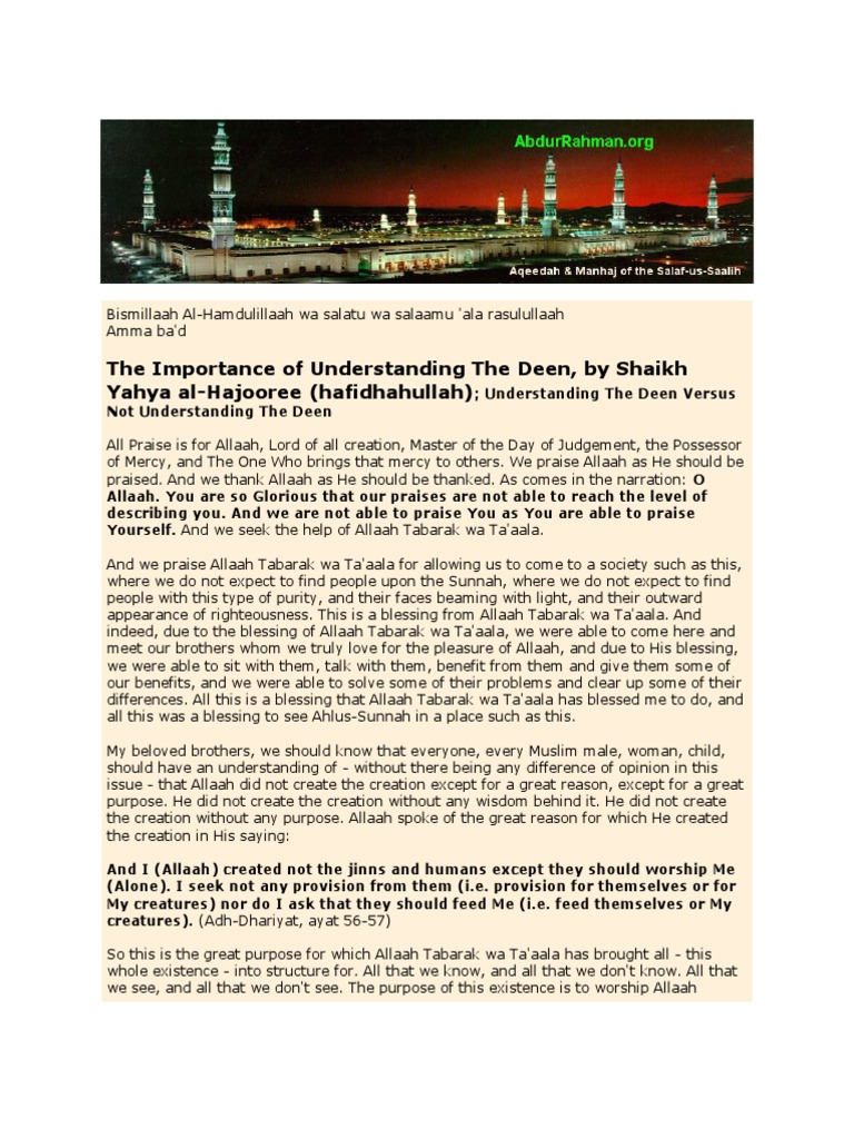 The Importance of Understanding The Deen, by Shaikh Yahya Al-Hajooree ...