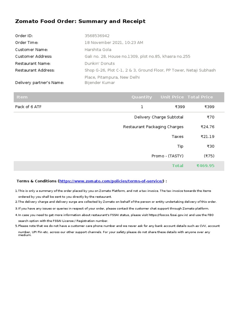 Harshita Gola's Order Summary and Receipt from Dunkin' Donuts for a ...