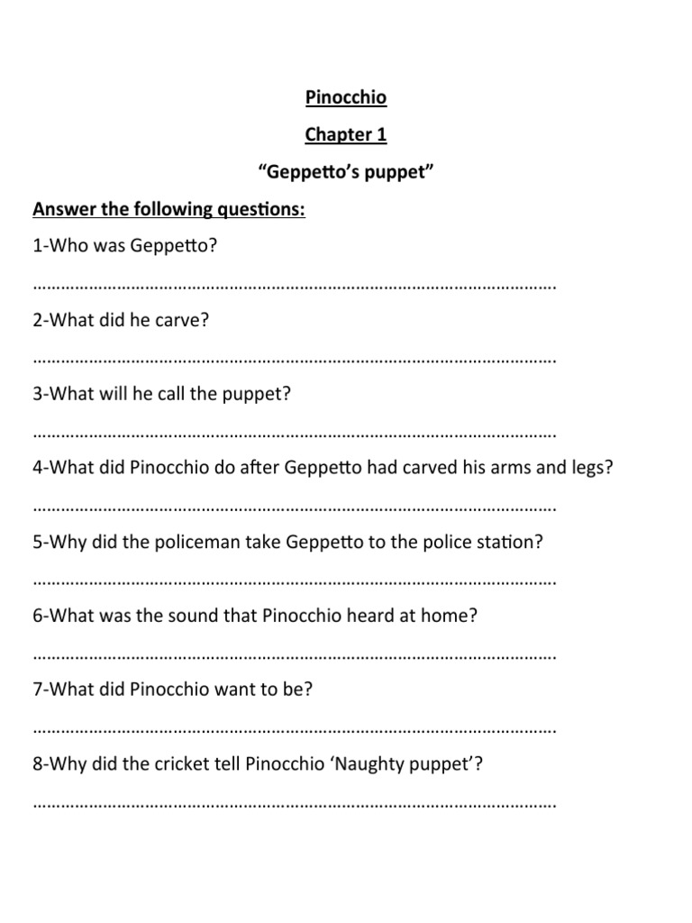 Pinocchio "Geppetto's Puppet" Answer The Following Questions | Download ...