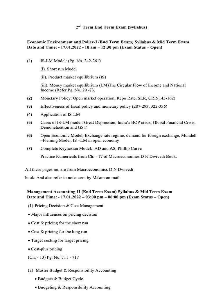 2nd Term End Term Exam (Syllabus) | PDF