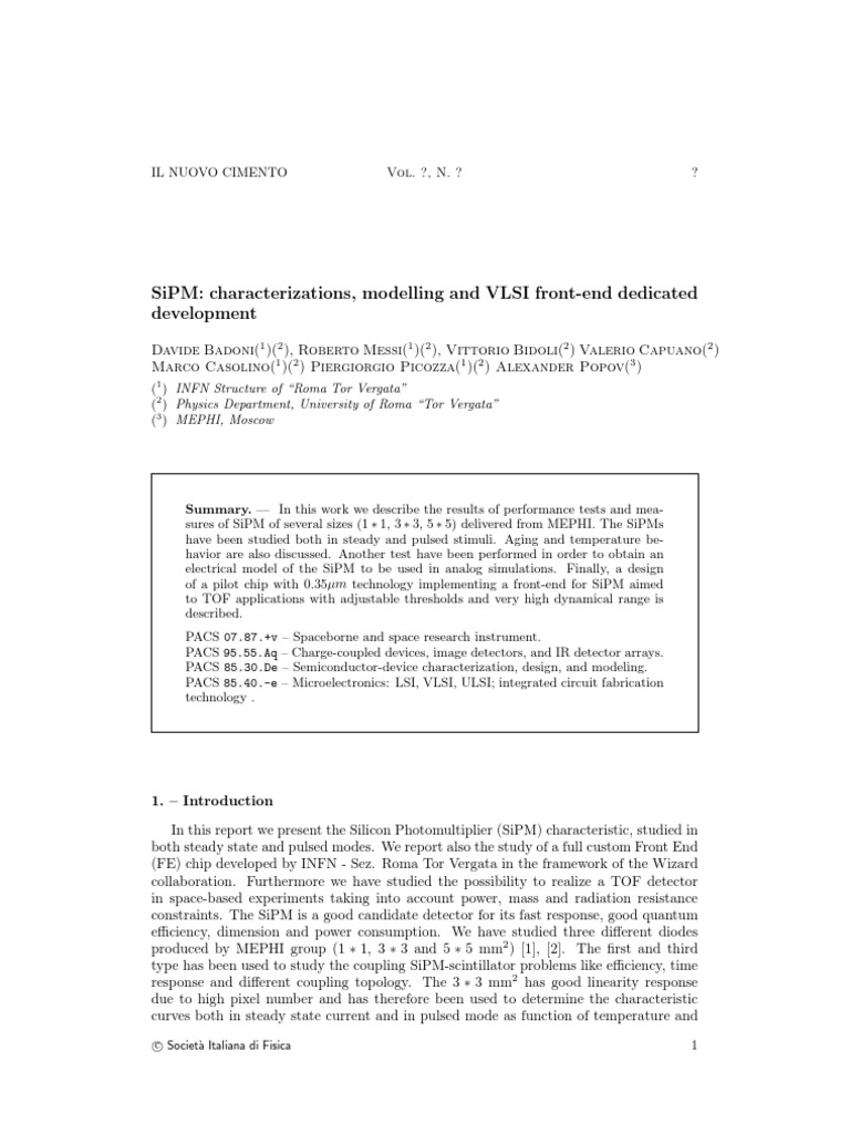 Sipm: Characterizations, Modelling and Vlsi Front-End Dedicated ...